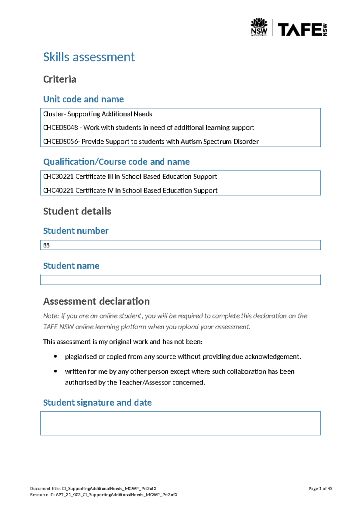 CHC30221 Skills Assessment: Supporting Additional Needs Students - Studocu