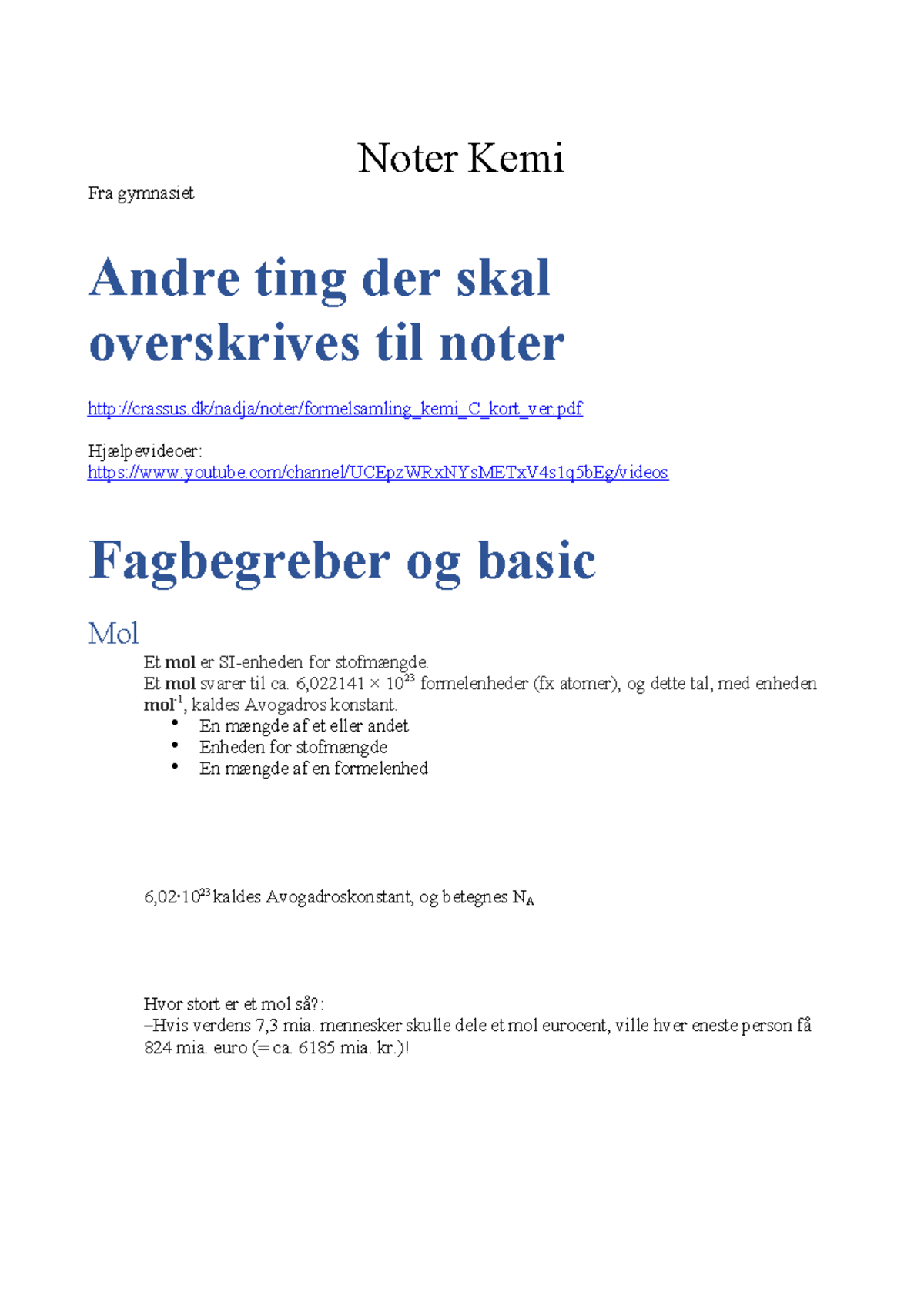 Noter til Kemi C og Kemi B: Grundlæggende Begreber og Teorier - Studocu