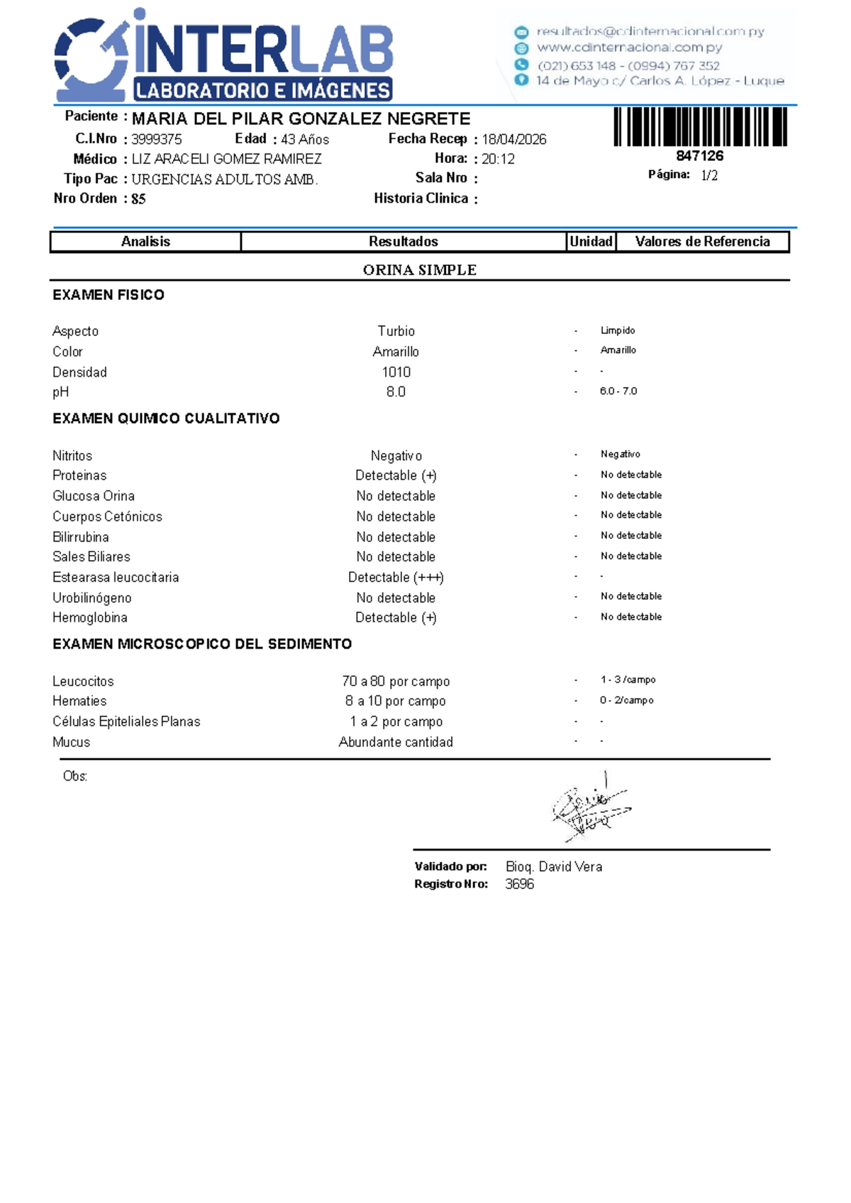 Historia Clínica: Análisis de Resultados de Orina - Paciente 847126 ...