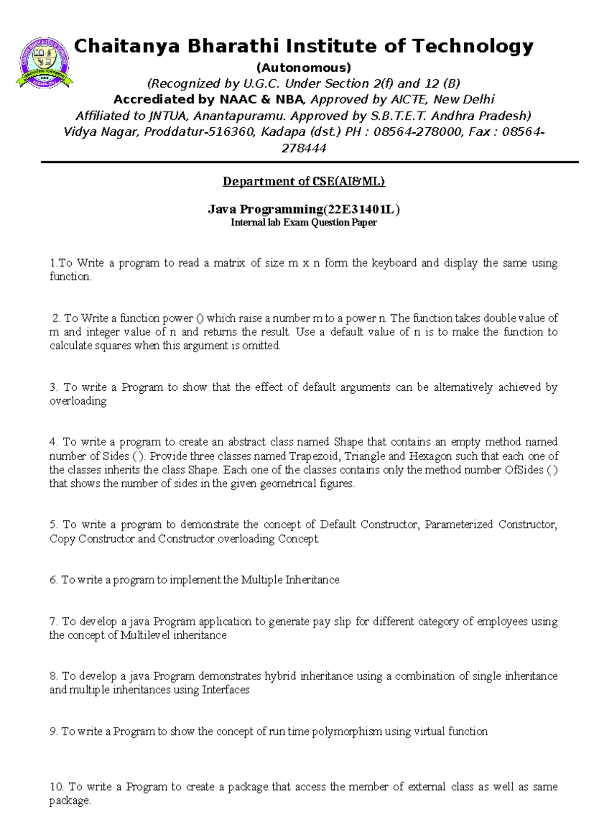 Java Lab Manual for OOP - CBIT B.Tech (R23) CSE - Studocu