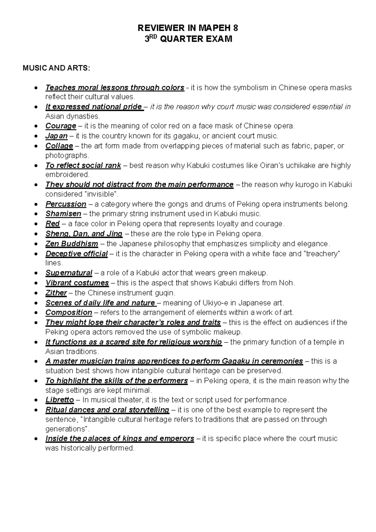 Reviewer in MAPEH 8: 3rd Quarter Exam on Music and Arts - Studocu