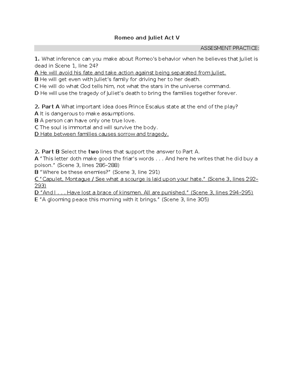 Romeo and Juliet Act V Assessment Practice and Analysis - Studocu