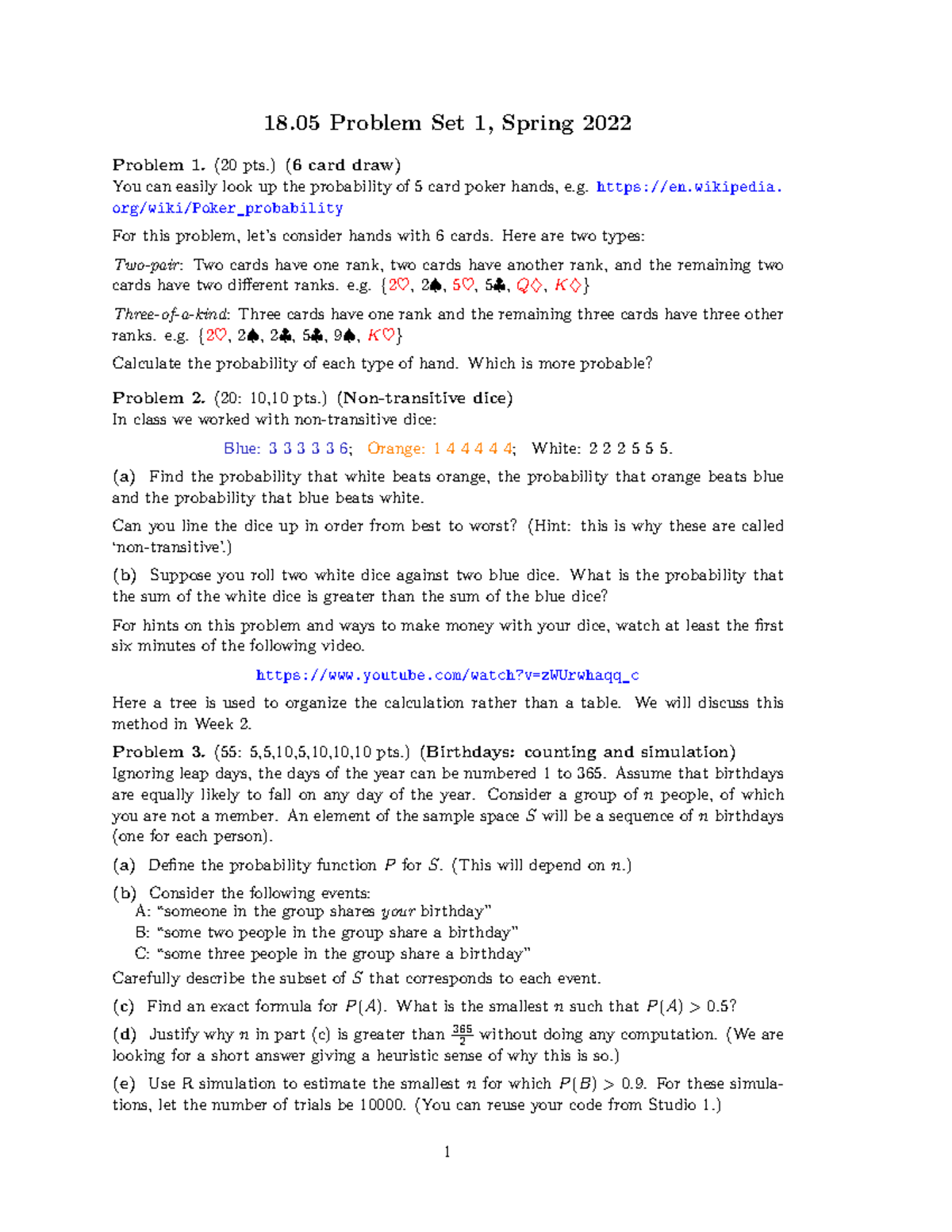 Problemsets - probability problems - Problem 1. (20 pts.) (6 card draw) You can easily look up ...