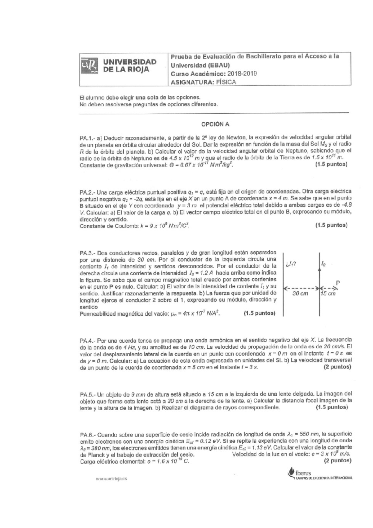 Examen EBAU Física La Rioja 2019: Ejercicios y Soluciones - Studocu