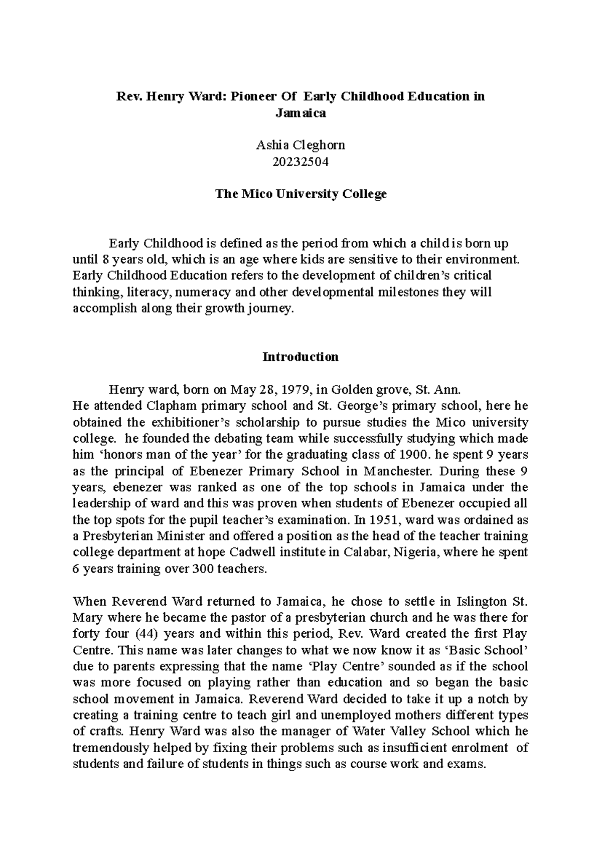 Henry Ward: Pioneer of Early Childhood Ed. in Jamaica (2023) - Studocu