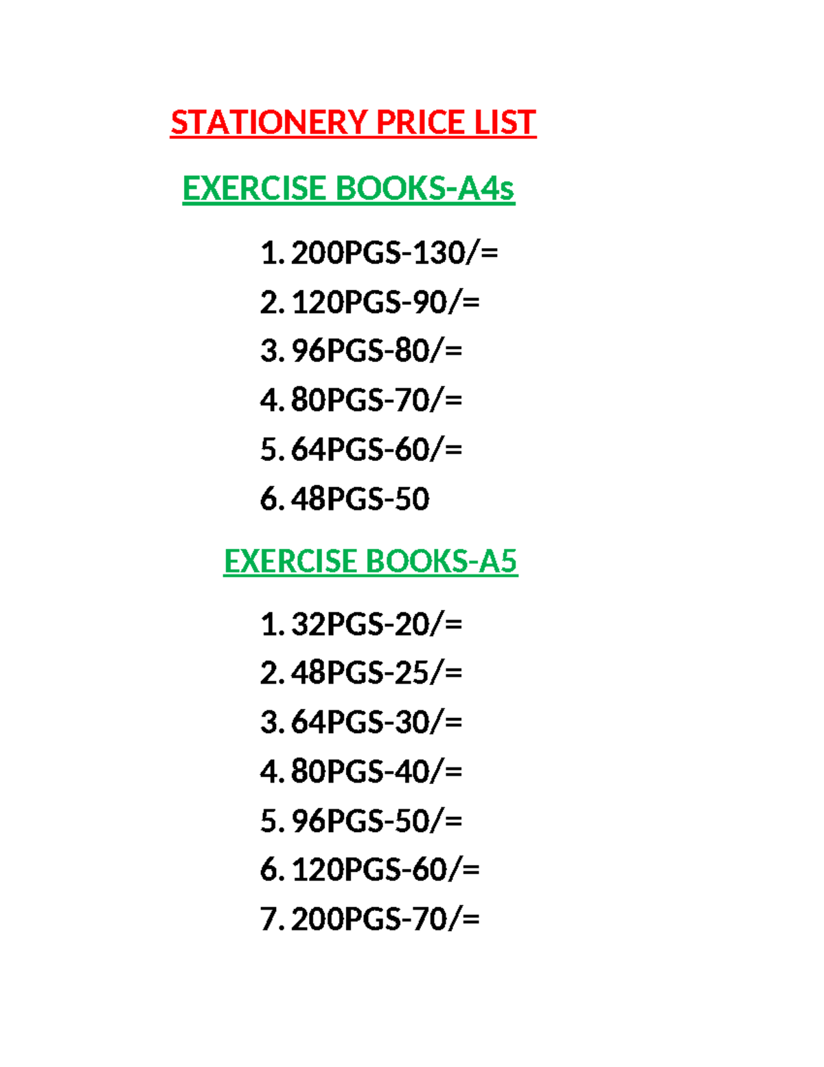 Stationery Price LIST - short notes - General Agriculture - STATIONERY ...