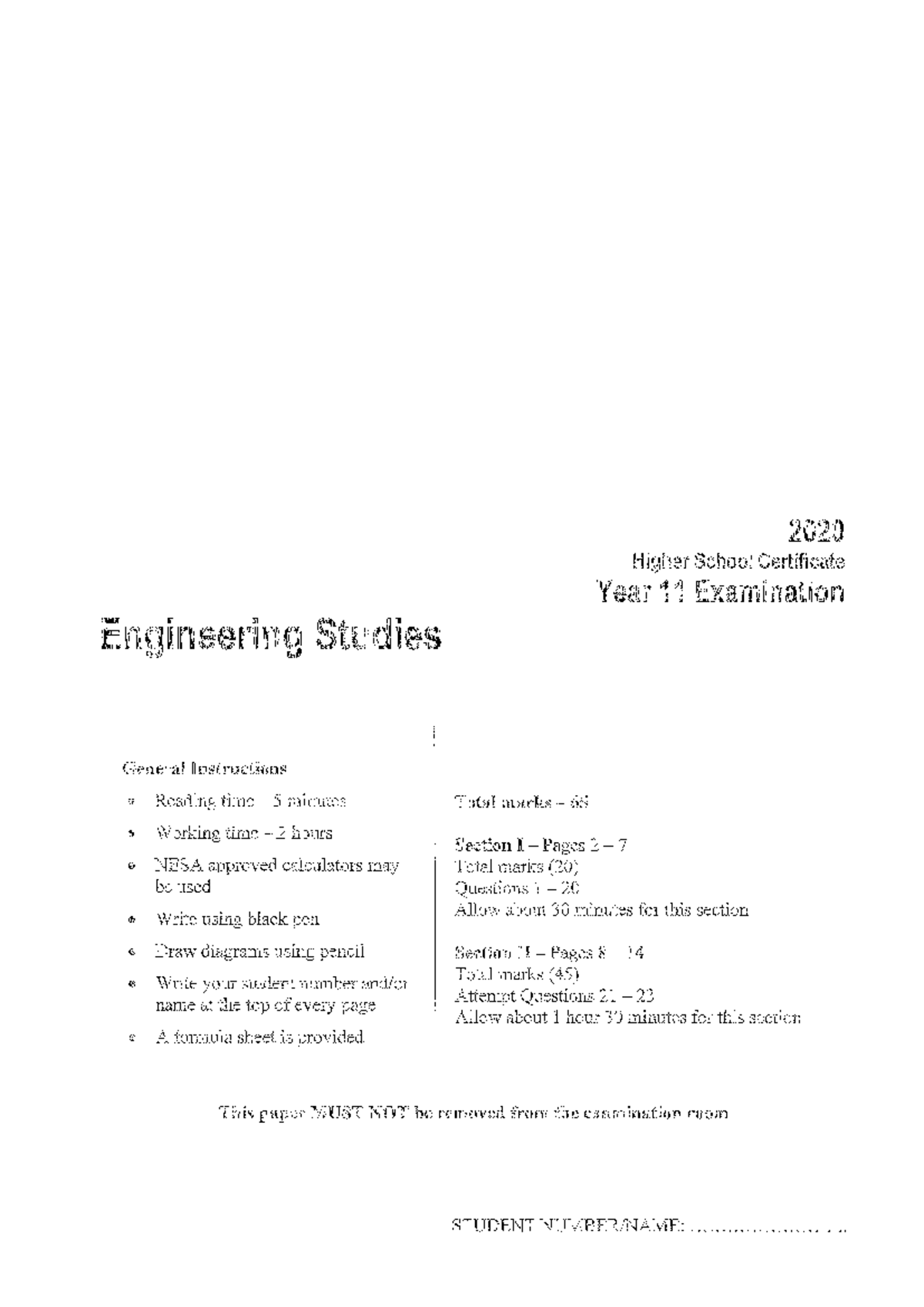 2020 HSC Year 11 Engineering Studies Exam Instructions & Questions ...