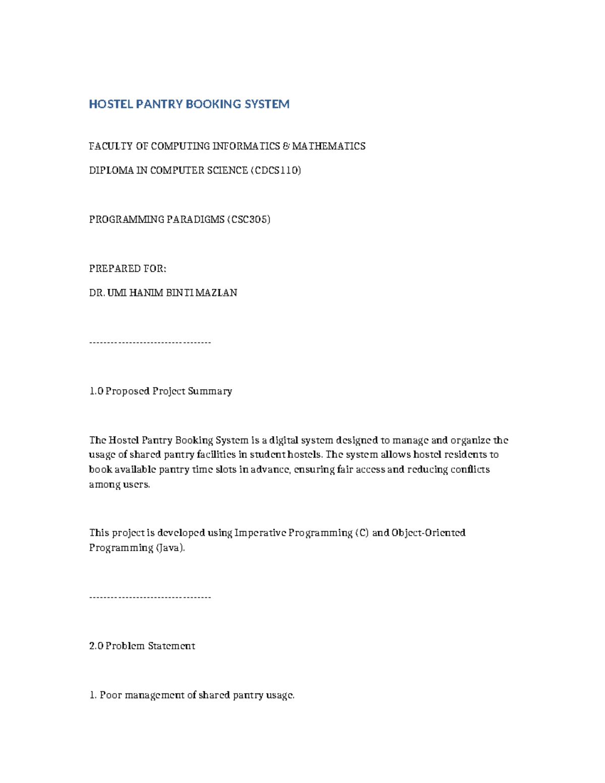 Hostel Pantry Booking System Proposal (CDCS110, CSC305) - Studocu