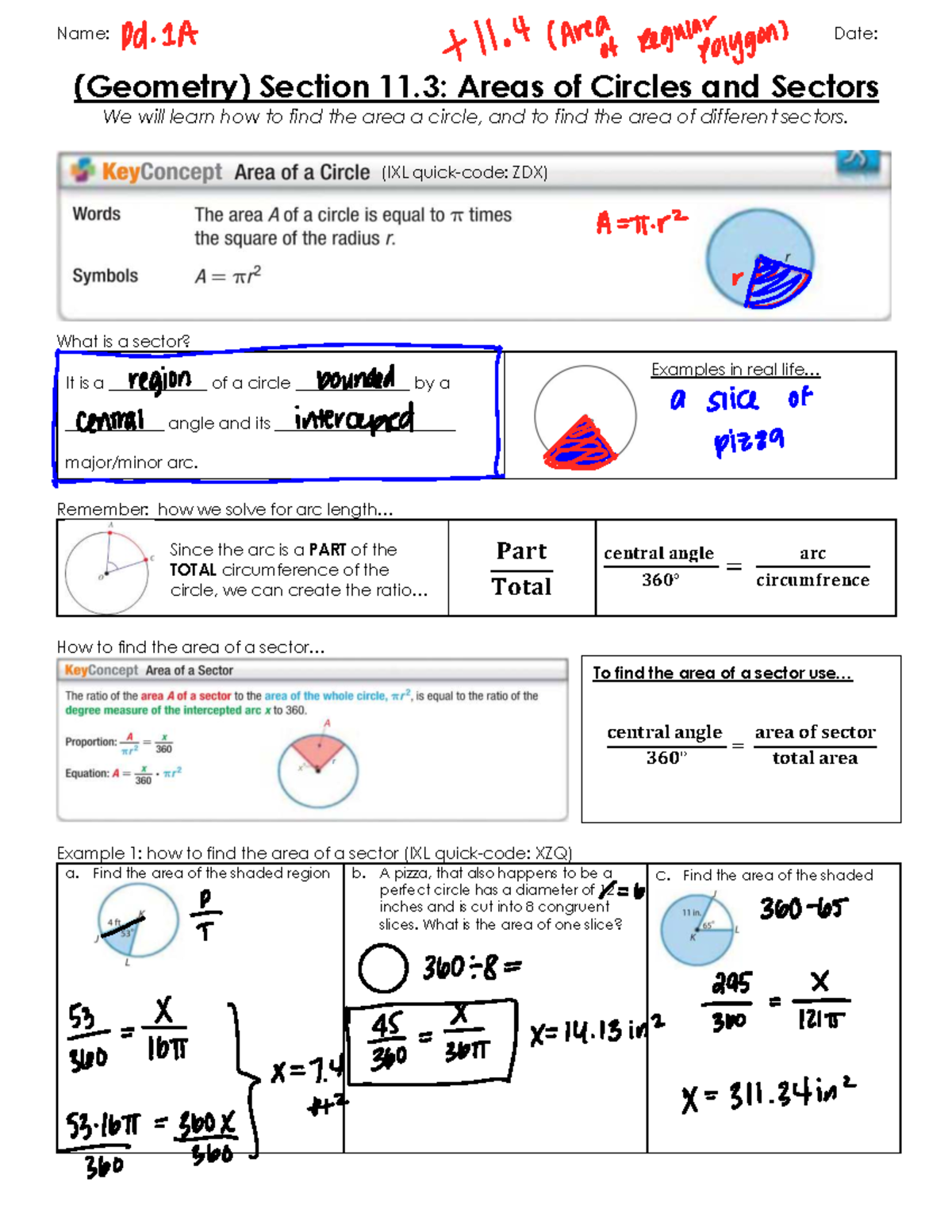 Geometry 1104: Section 11.3 Areas of Circles & Sectors Practice Guide ...