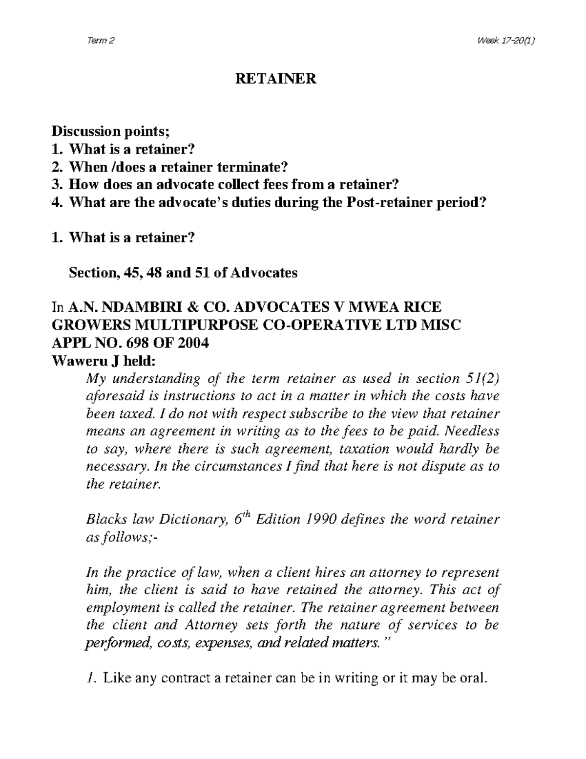 Retainer Notes for Legal Advocacy: Key Points & Duties Explained - Studocu