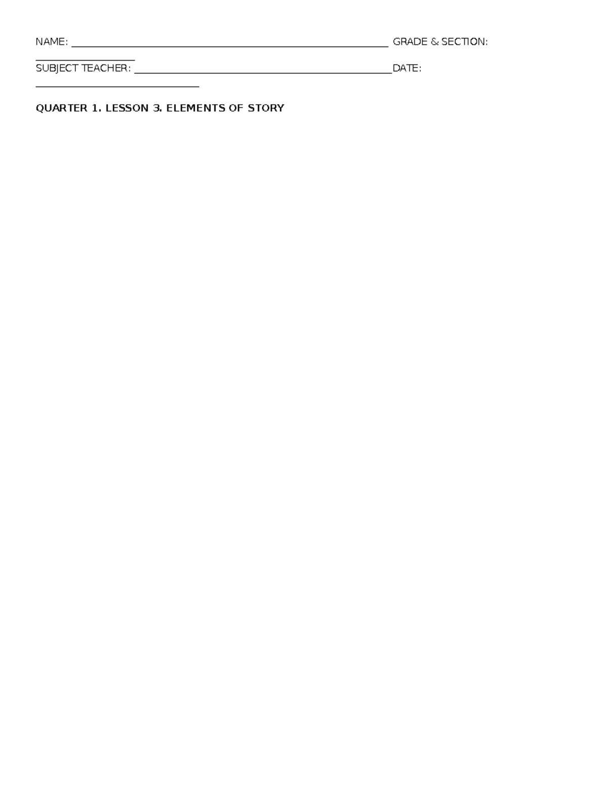 Quarter 1. Lesson 4. Elements of Story Quiz and Questions - Studocu