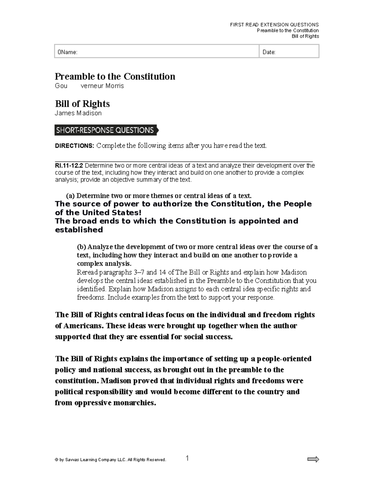 Preamble-Bill of Rights comprehension questio - FIRST READ EXTENSION ...