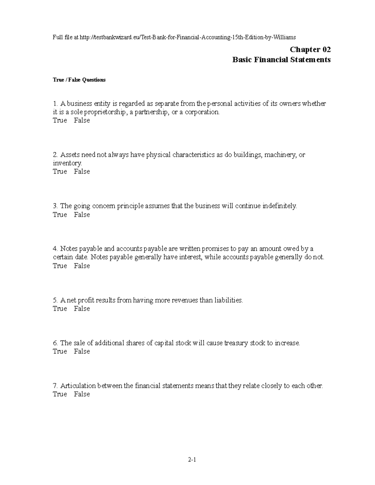 Test Bank for Financial Acc. 15th Ed. by Williams - Ch. 2 Questions ...