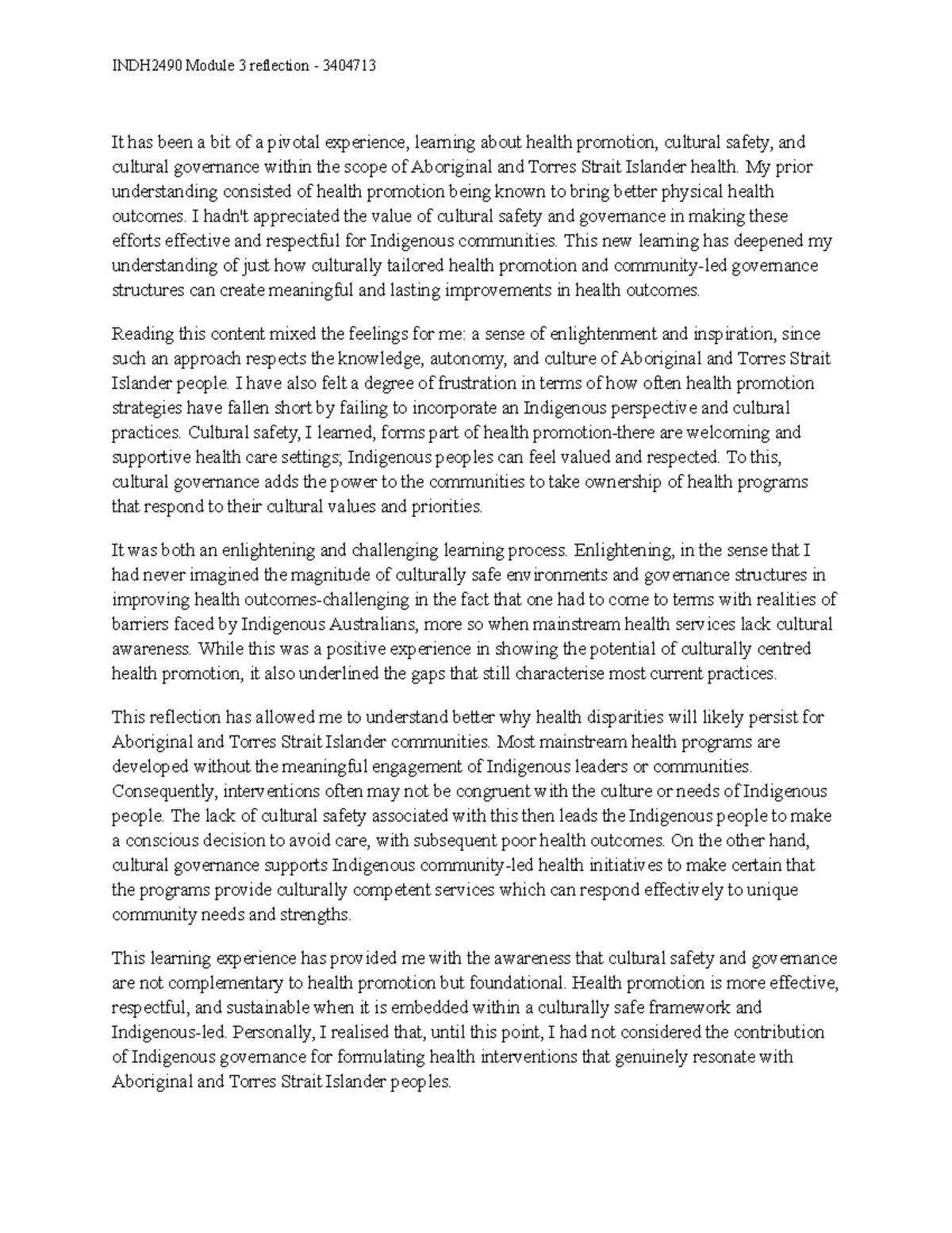 INDH2490 Module 3 Reflection: Insights on Cultural Safety in Health ...