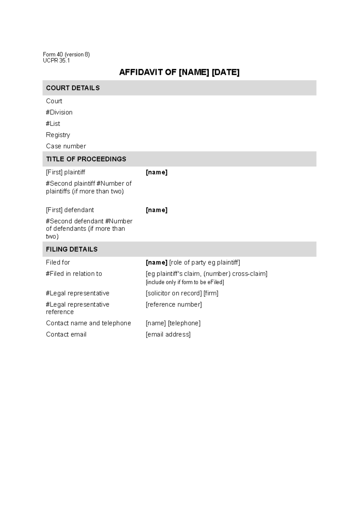 Affidavit Form 40 - UCPR 35.1 Court Details and Filing Instructions ...