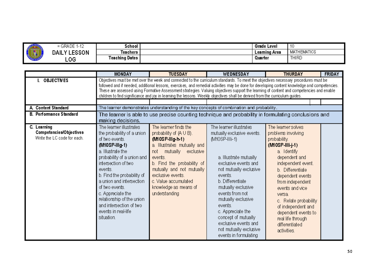 DLL WEEK4 LC41-44 - Lesson Log for Grade 1o Mathematics Quarter 3. It will help you to ...
