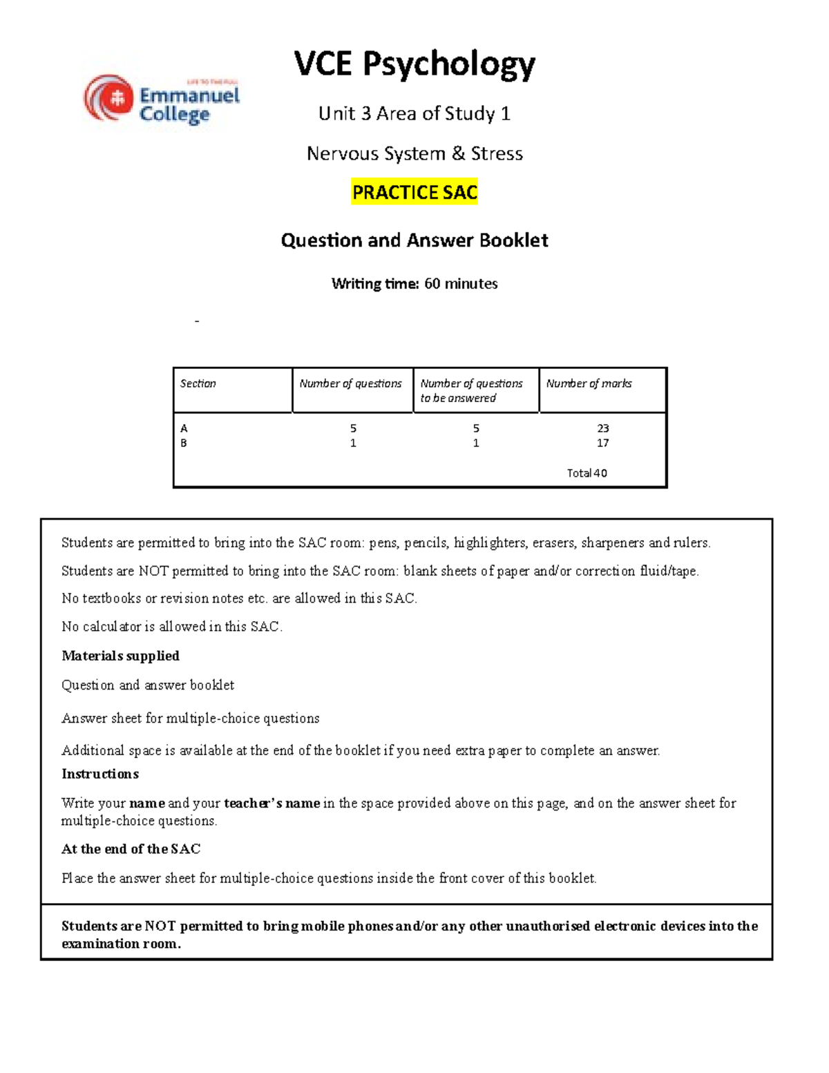 2021 Unit 3, AOS 1 Practice SAC - VCE Psychology Unit 3 Area of Study 1 ...