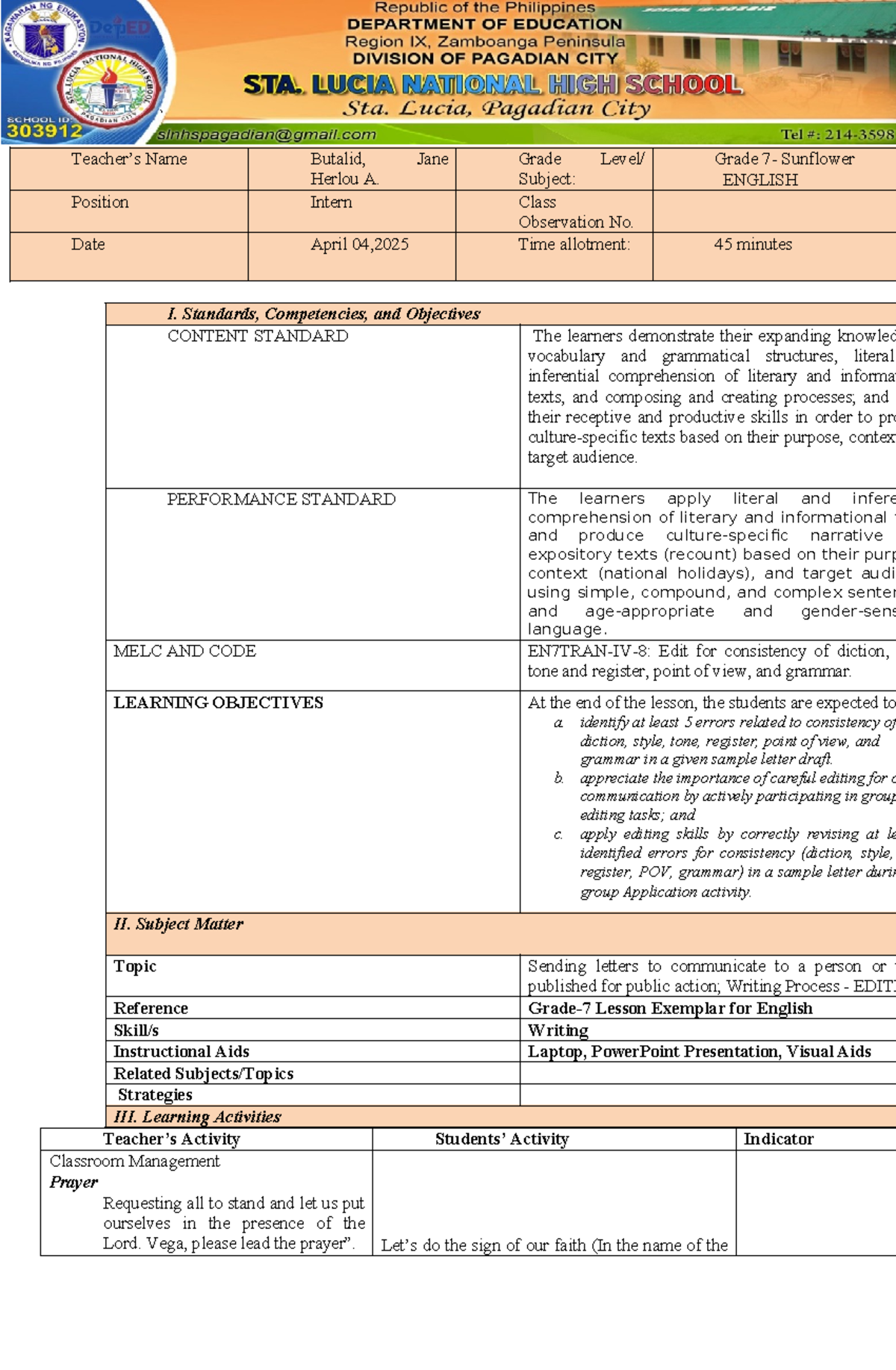 Demo - A detailed lesson plan for English 45-minute class - Studocu