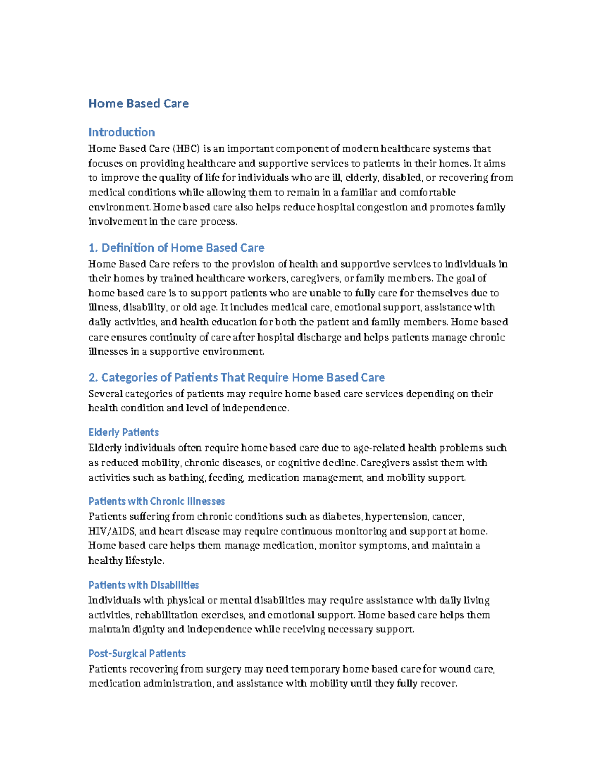 Home Based Care (HBC) Assignment: An Introduction to Patient Support ...