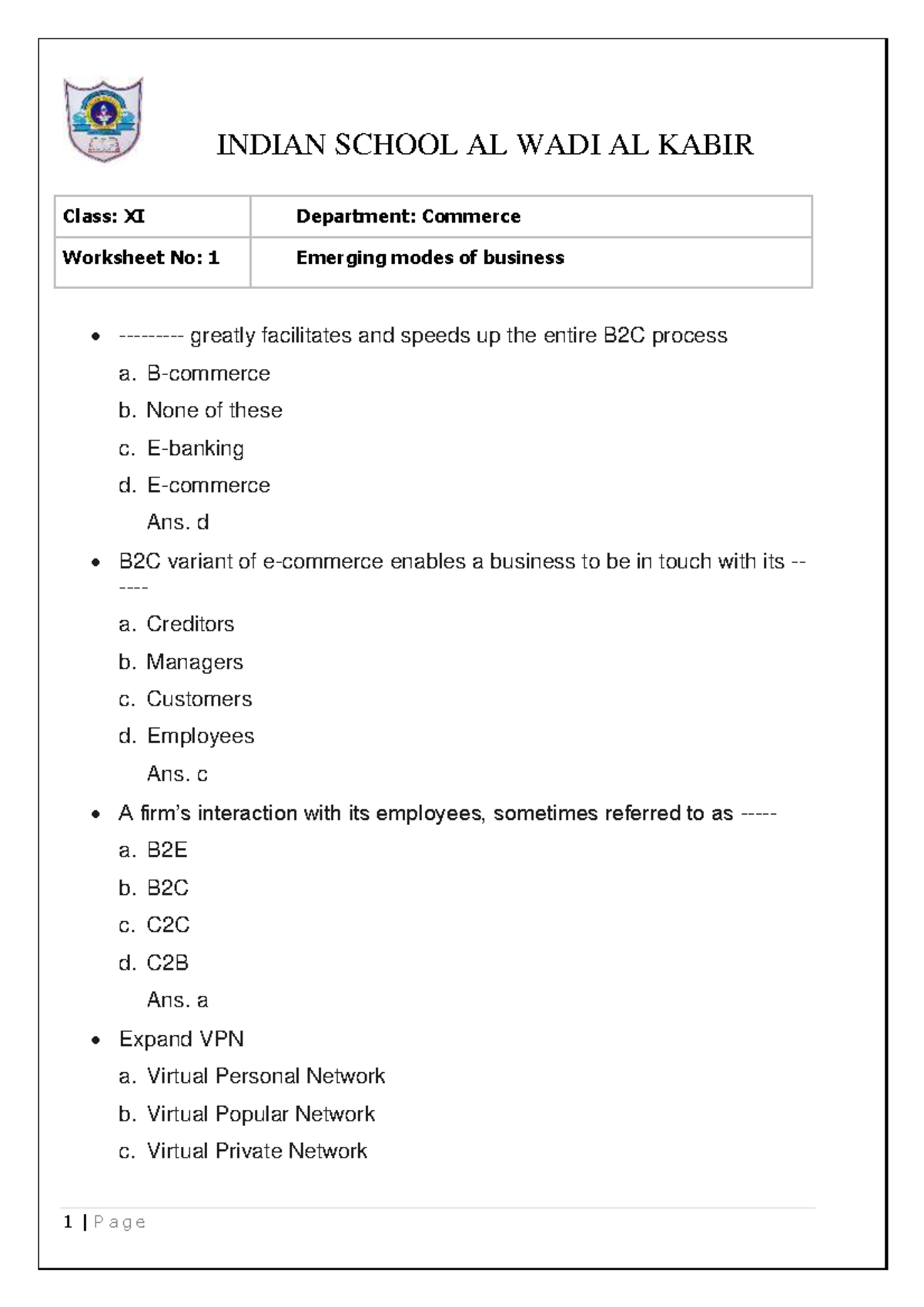 Emerging Modes of Business - Worksheet No: 1 (Class XI Commerce) - Studocu