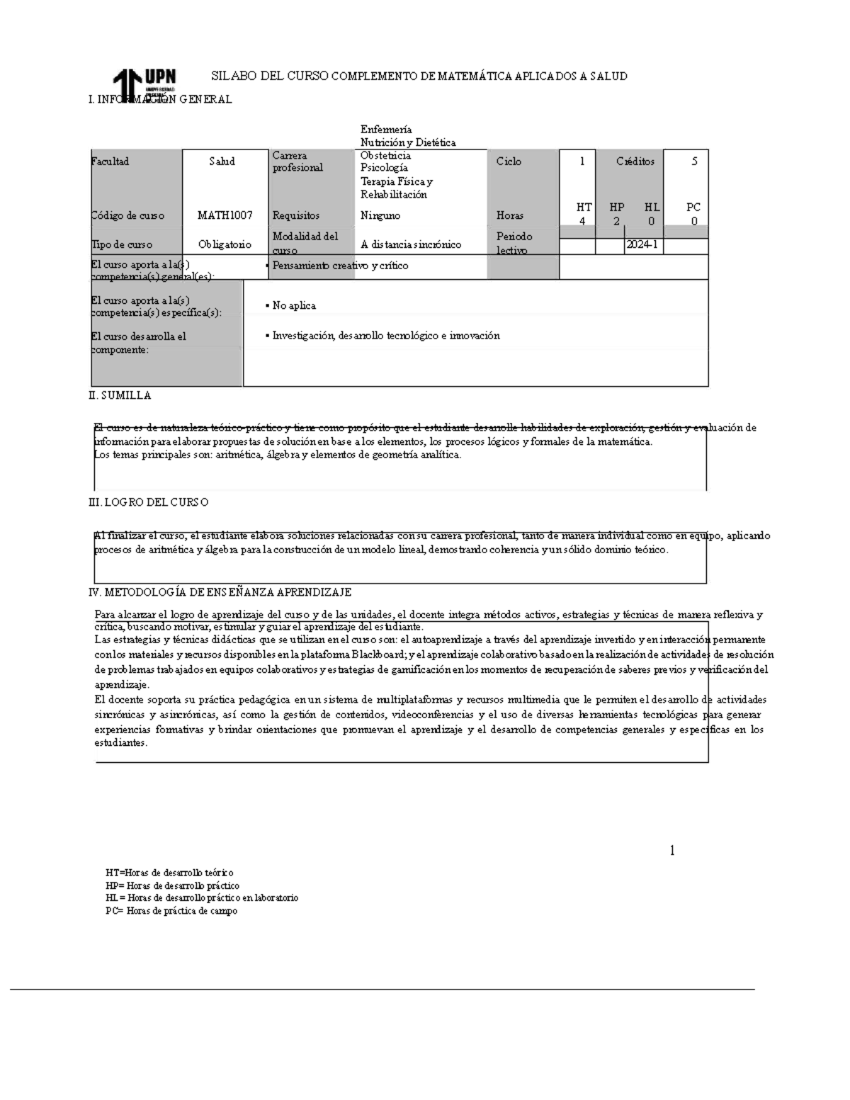 Sílabo del Curso MATH1007: Complemento de Matemática Aplicada a Salud I ...