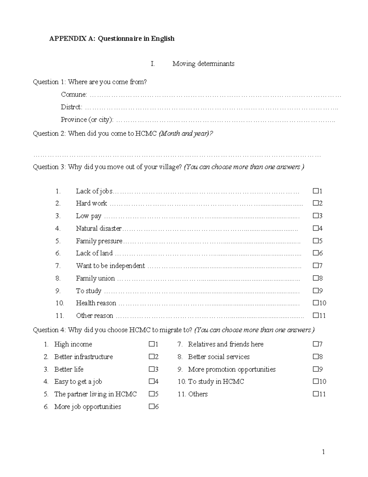 Questionnaire - sociology (E) - APPENDIX A: Questionnaire in English I ...