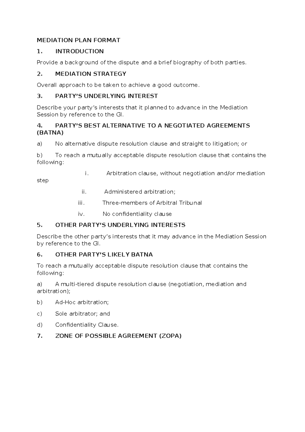 Mediation Plan Format: Strategies and Interests Overview (892858744 ...