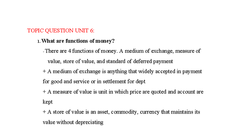 Functions of Money and Taxation: Unit 6-10 Overview - Studocu