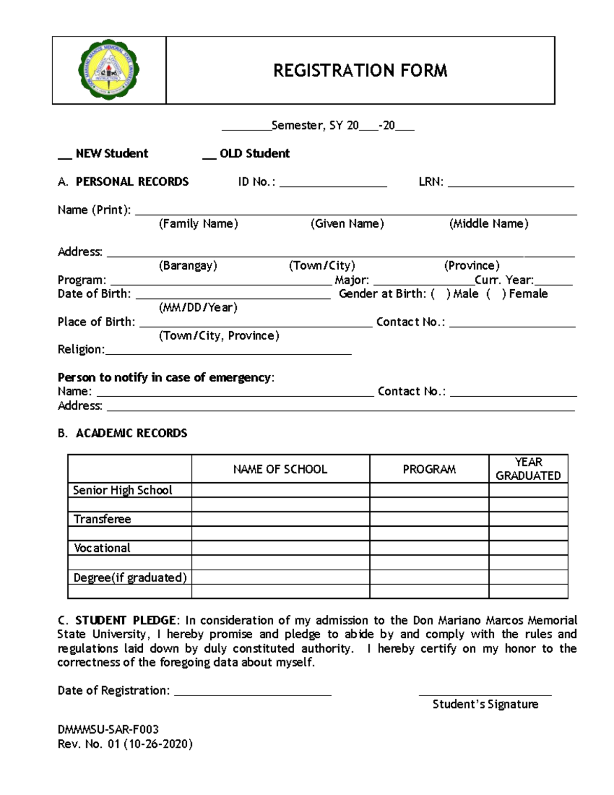REGISTRATION FORM SY - Enrollment for New & Old Students - Studocu