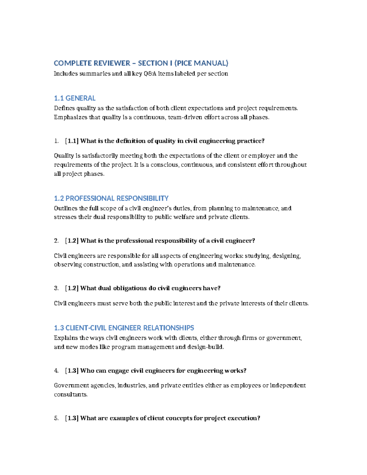 Complete Section 1 Reviewer (PICE MANUAL): Key Concepts & Summaries ...