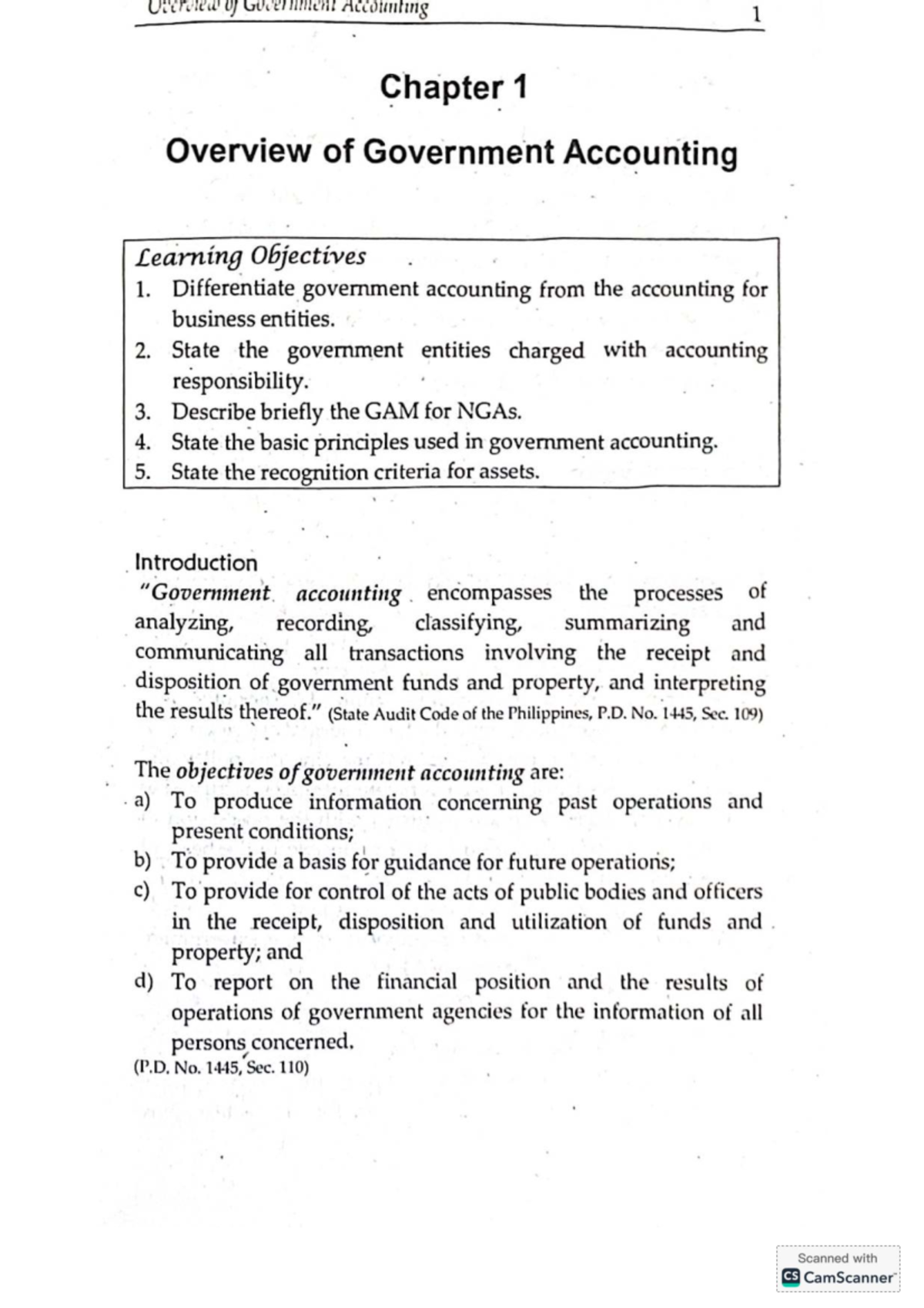 Government Accounting 1: Chapter 1 Overview and Learning Objectives ...