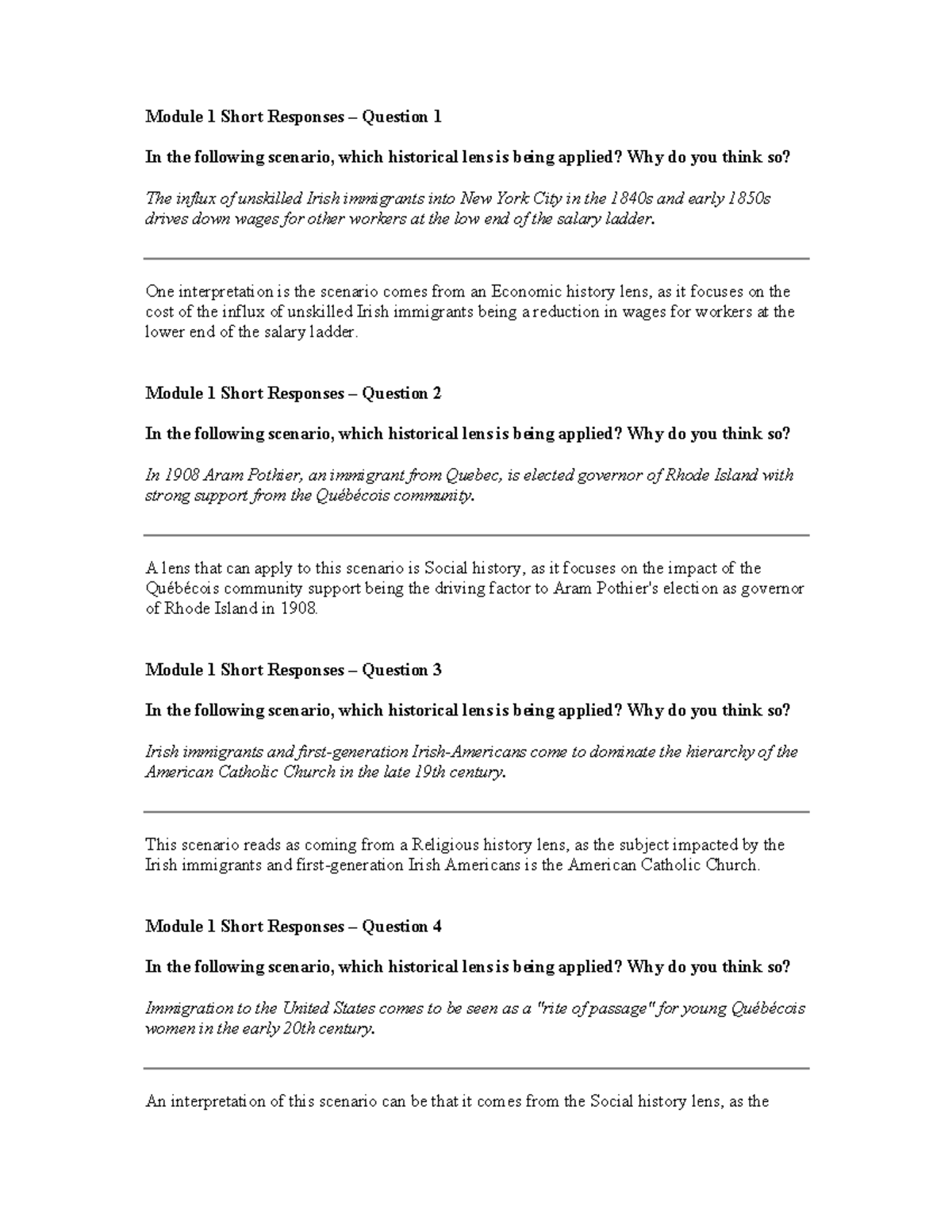 HIS 200 Module 1 Short Responses: Analyzing Historical Lenses - Studocu