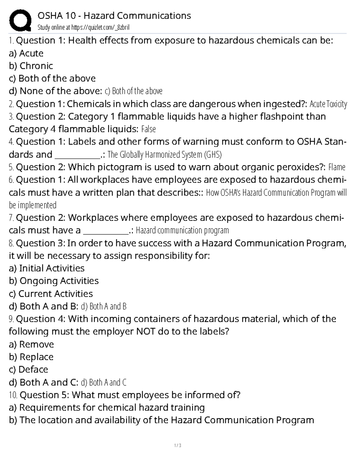 OSHA 10 Hazard Communications Study Guide and Quiz Questions - Studocu