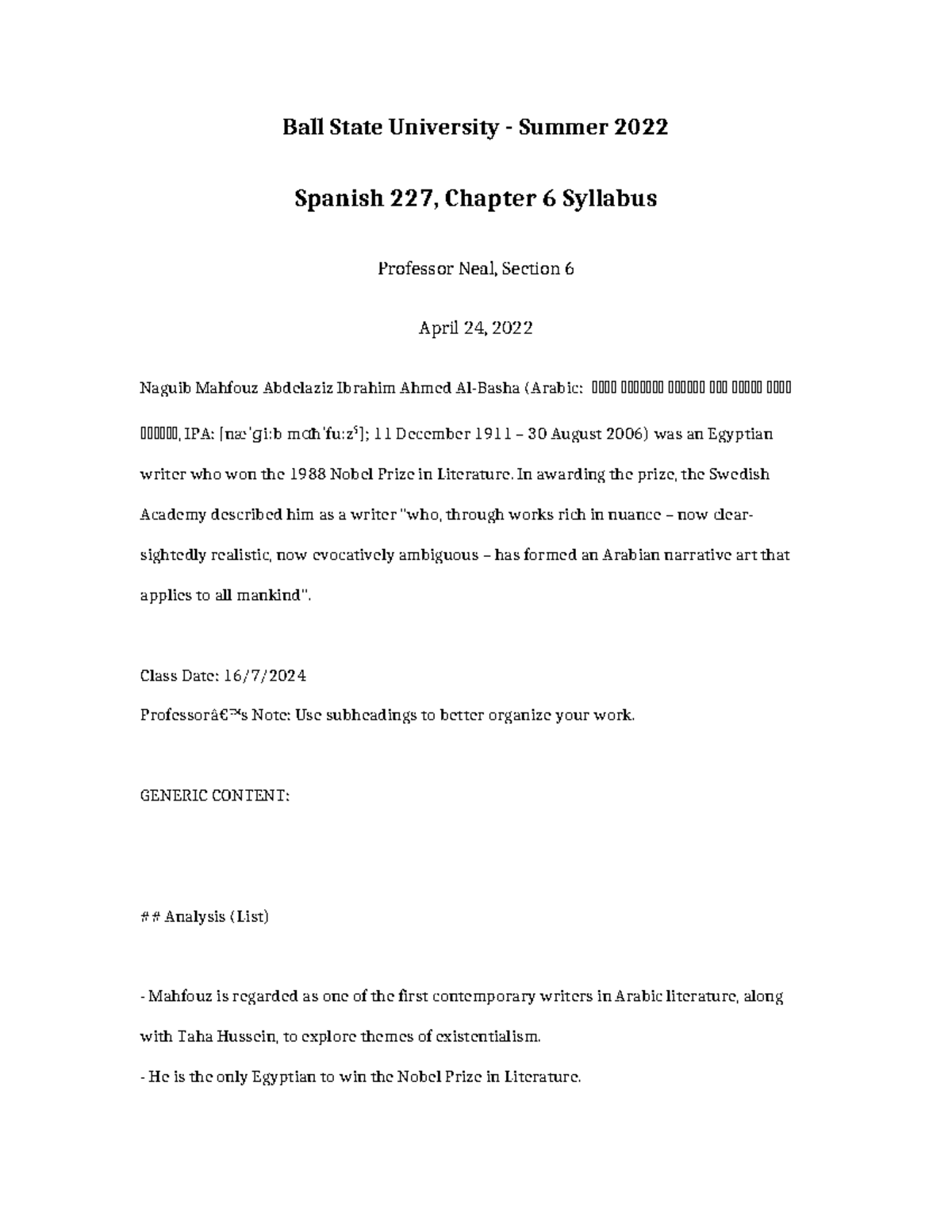 Ball State University Spanish 227, Chapter 6 Syllabus Overview - Studocu