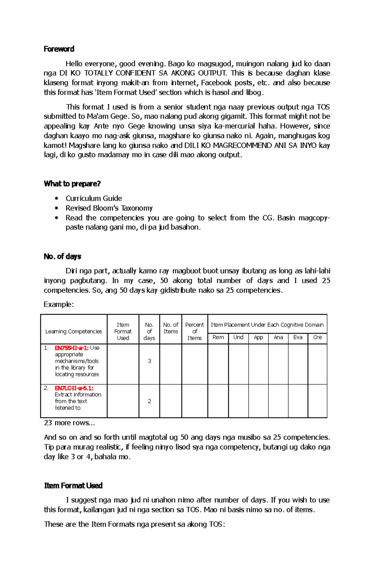TOS procedures and example - Foreword Hello everyone, good evening ...