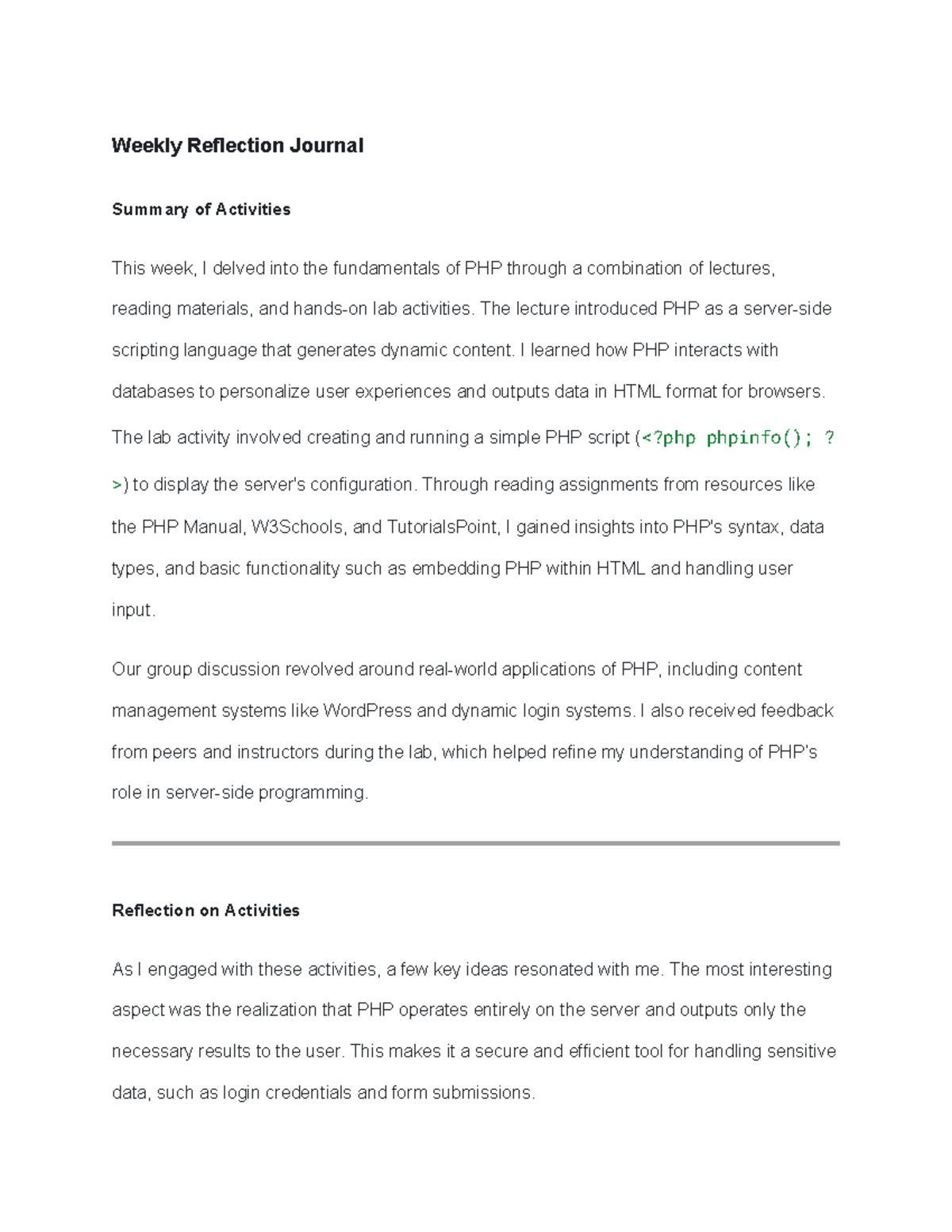 Learning Journal: PHP Fundamentals & Weekly Reflection - Studocu