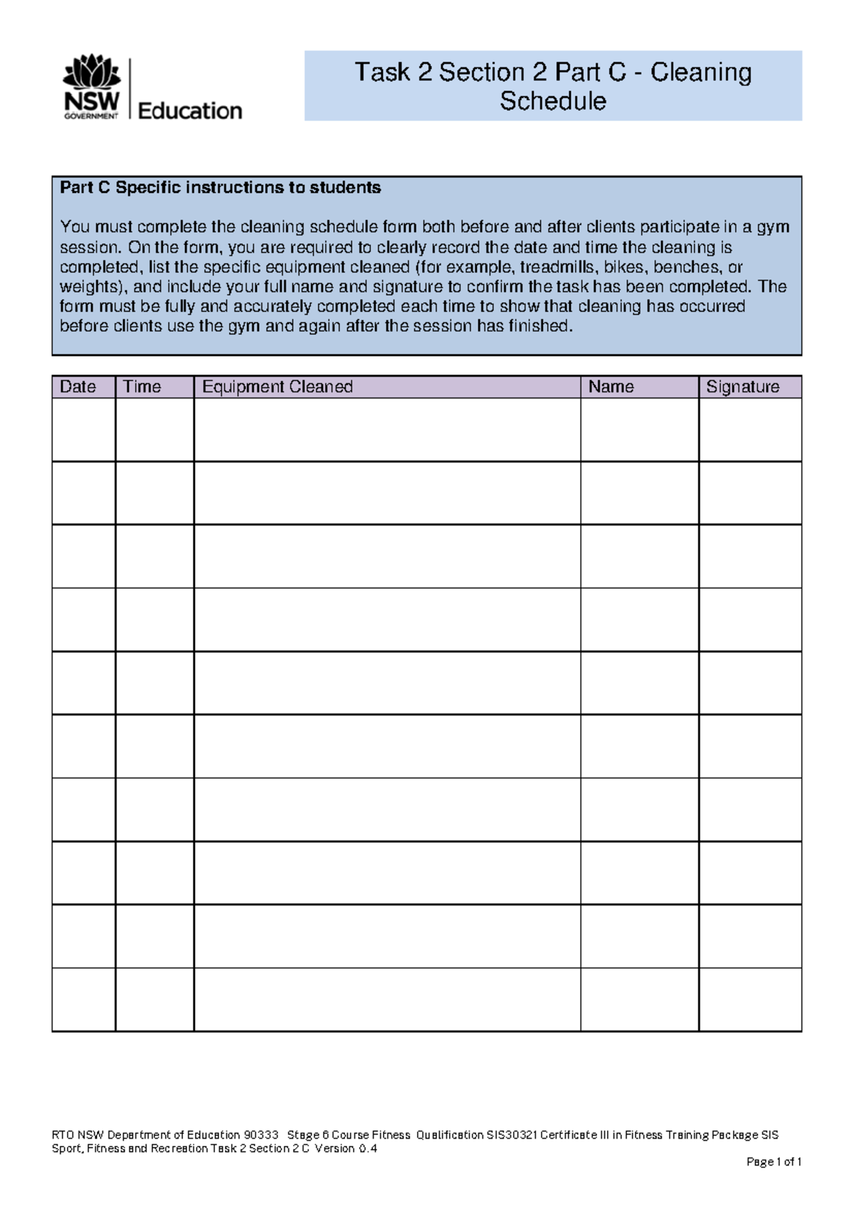 SIS30321 Task 2 Section 2C - Gym Cleaning Schedule Instructions - Studocu
