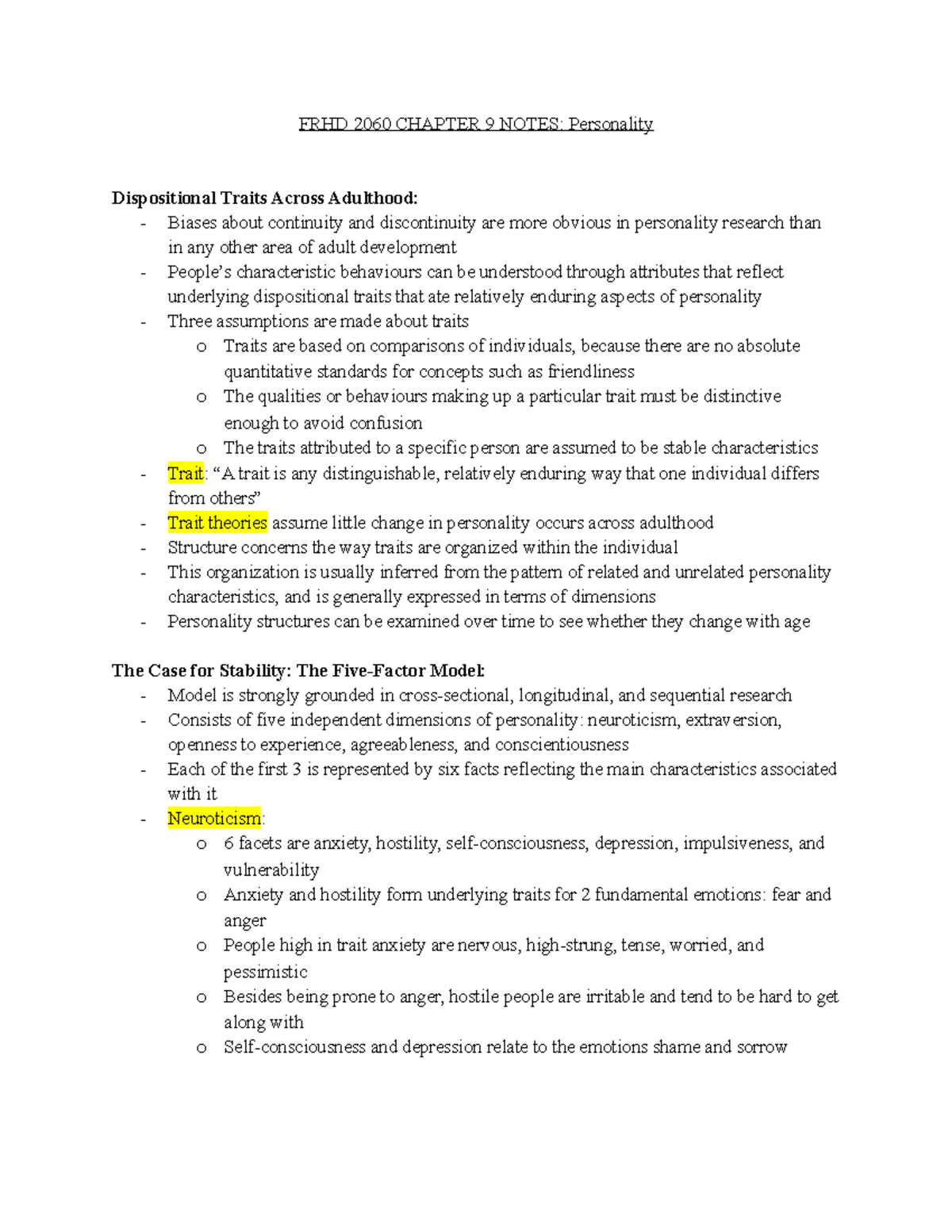 FRHD 2060 Chapter 9 Notes: Understanding Personality Across Adulthood ...