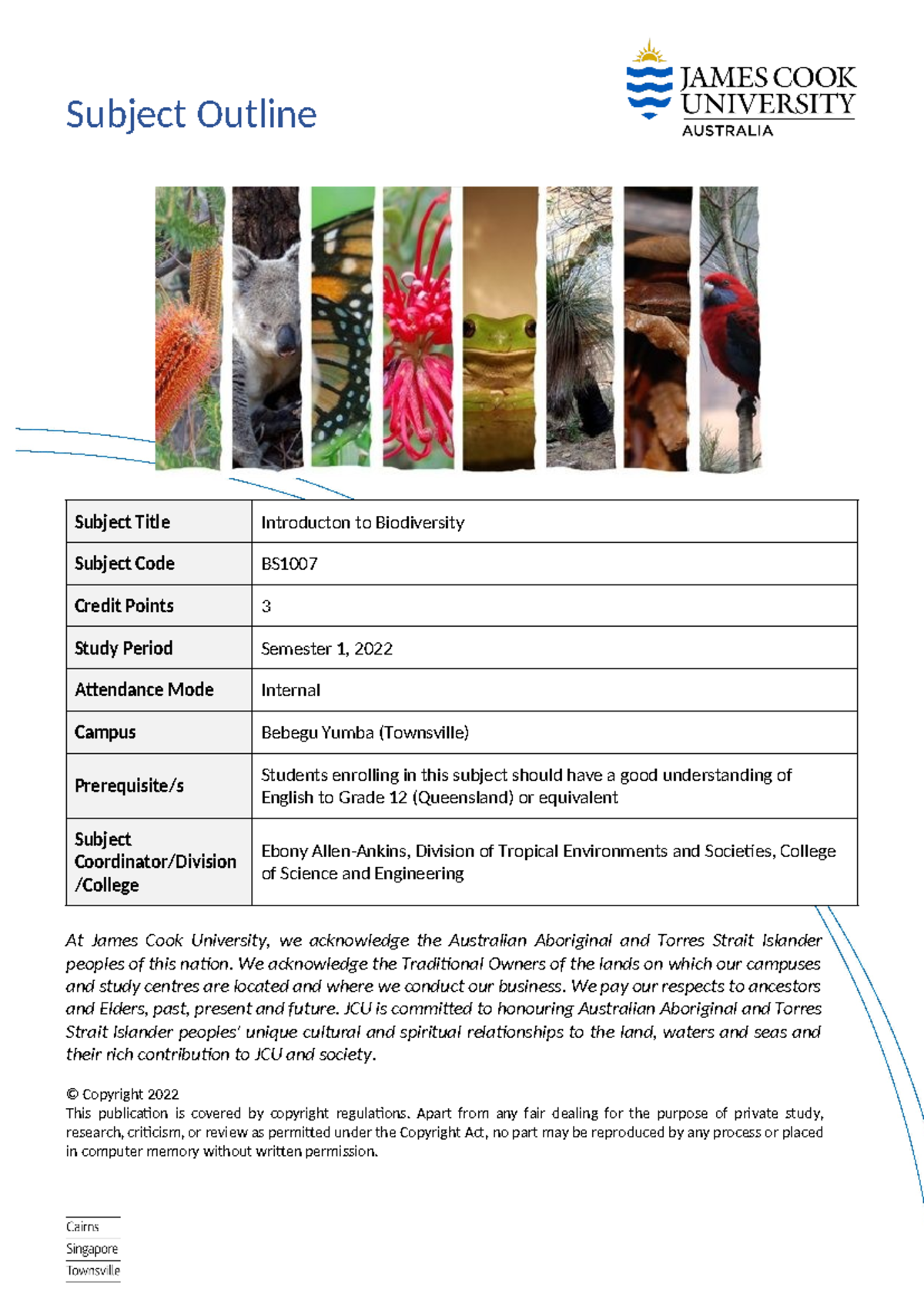 Subject Outline: Intro to Biodiversity (BS) - Semester 1, 2022 Overview - Studocu