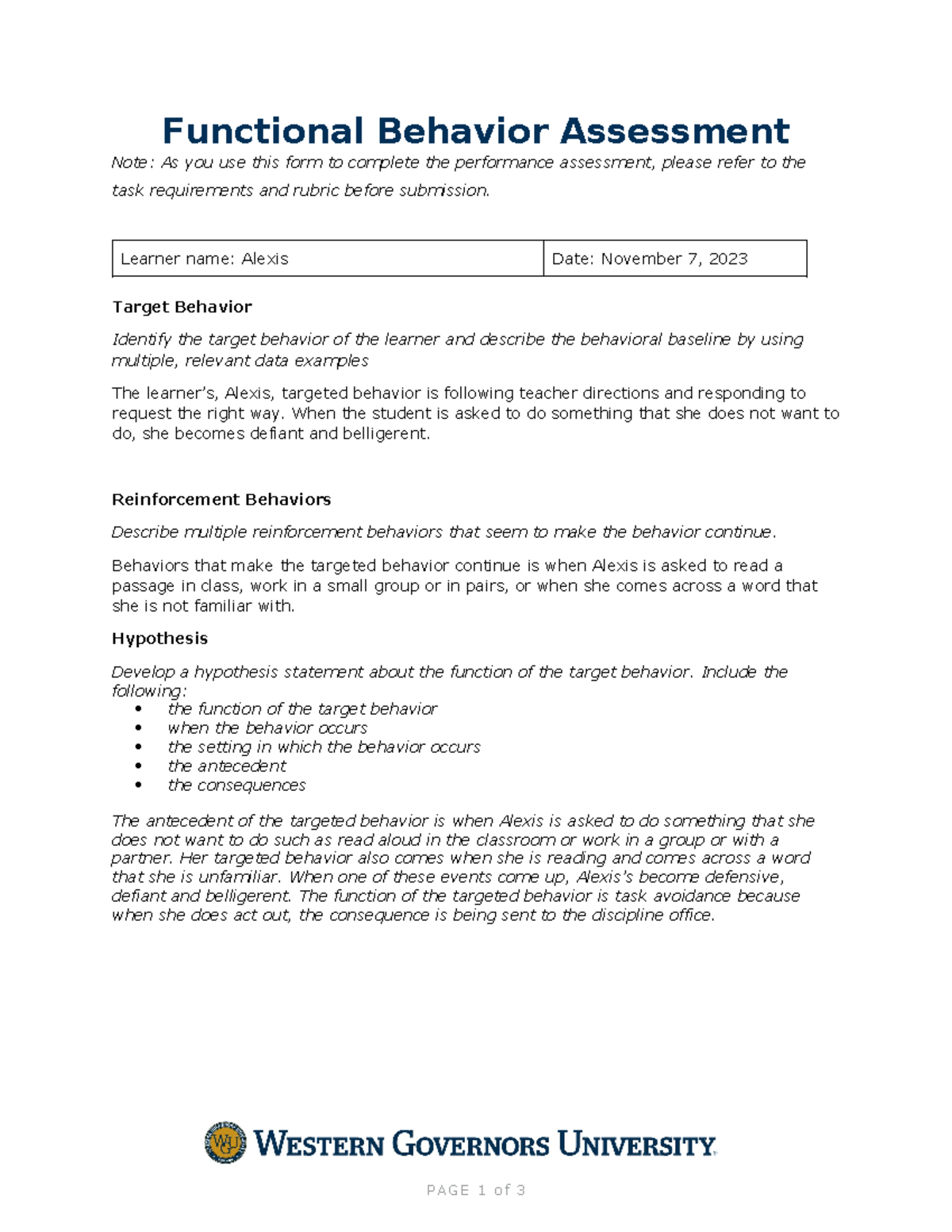 D001 Final Task - Functional Behavior Assessment & BIP for Alexis - Studocu