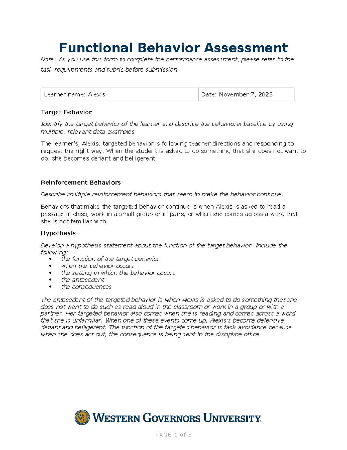 D001 - Task 1 - Functional Behavior Assessment & BIP - Alexis - Studocu