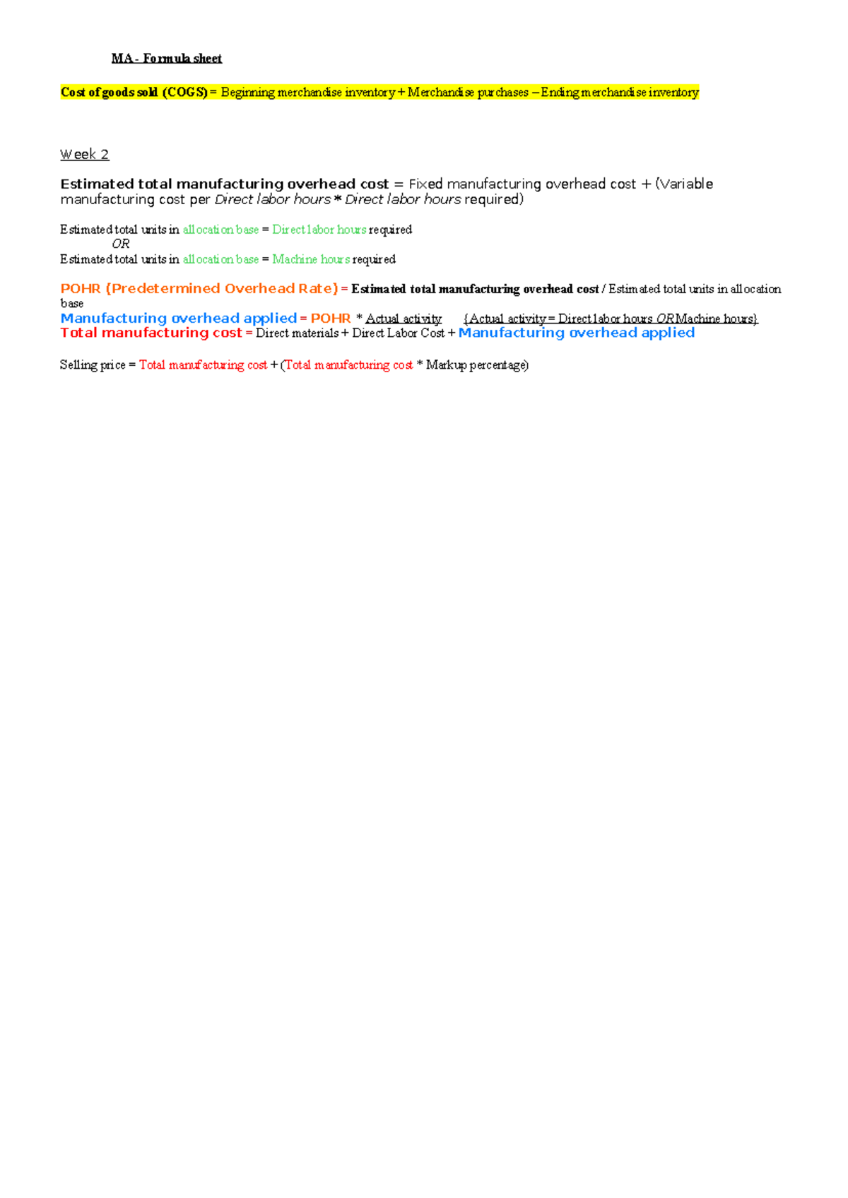 MA Formula Sheet: COGS & Manufacturing Overhead Calculations - Studocu