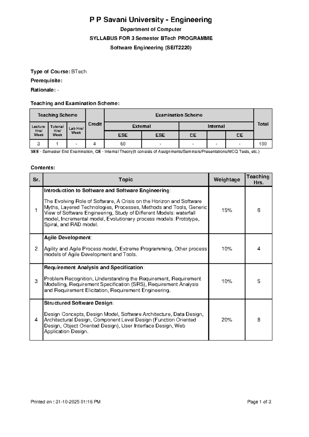 Course Syllabus for SEIT2220: Software Engineering BTech 3rd Sem - Studocu