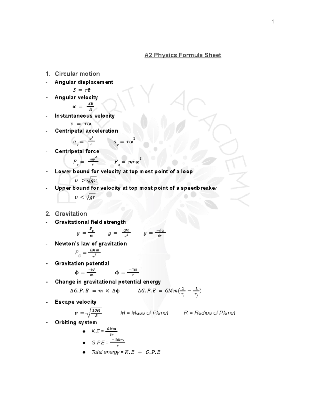 A2 Physics Formula Sheet: Key Concepts & Equations - Studocu