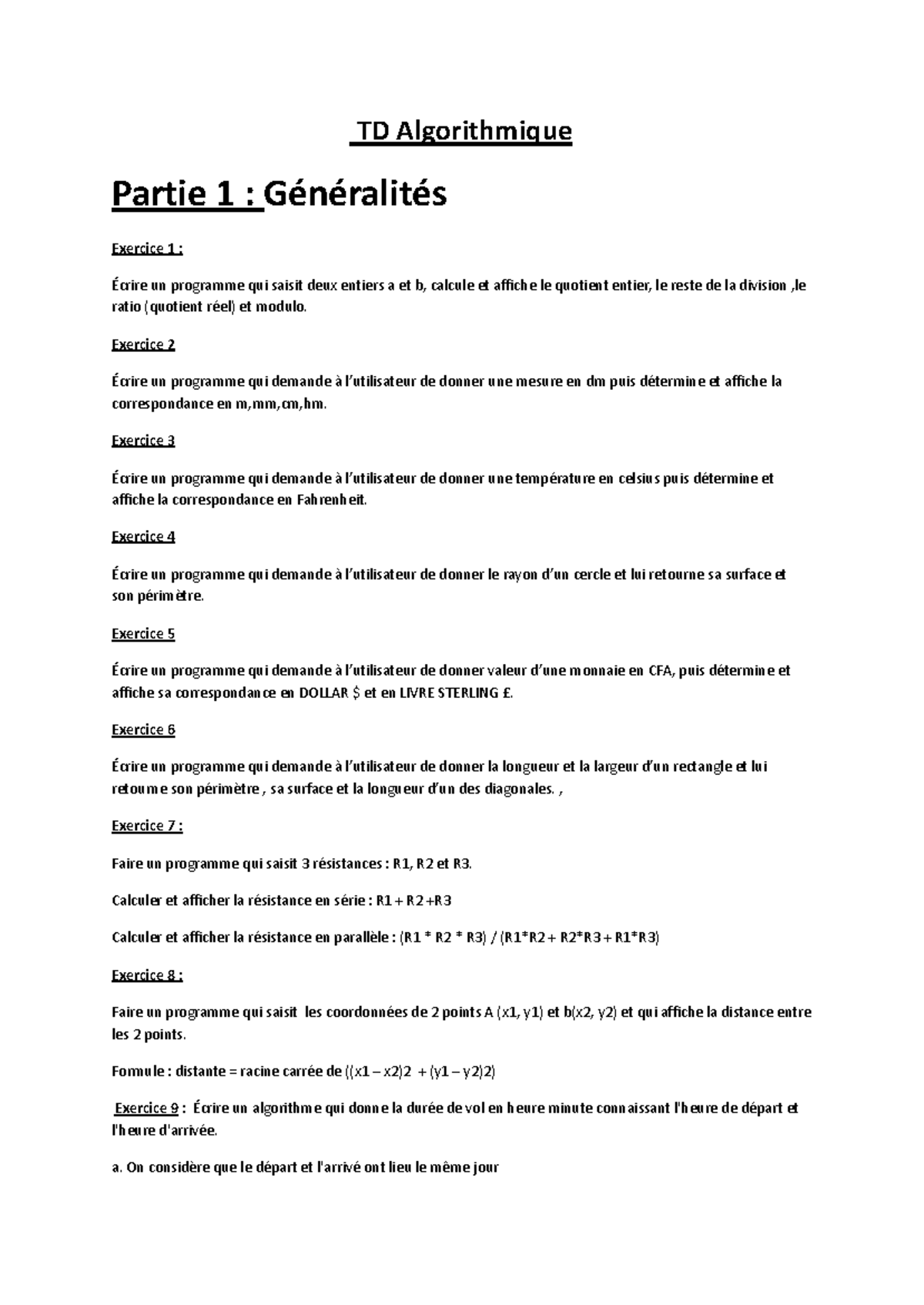 TD Algorithmique C5 SA - Exercices et Fonctions sur Les Algorithmes - Studocu