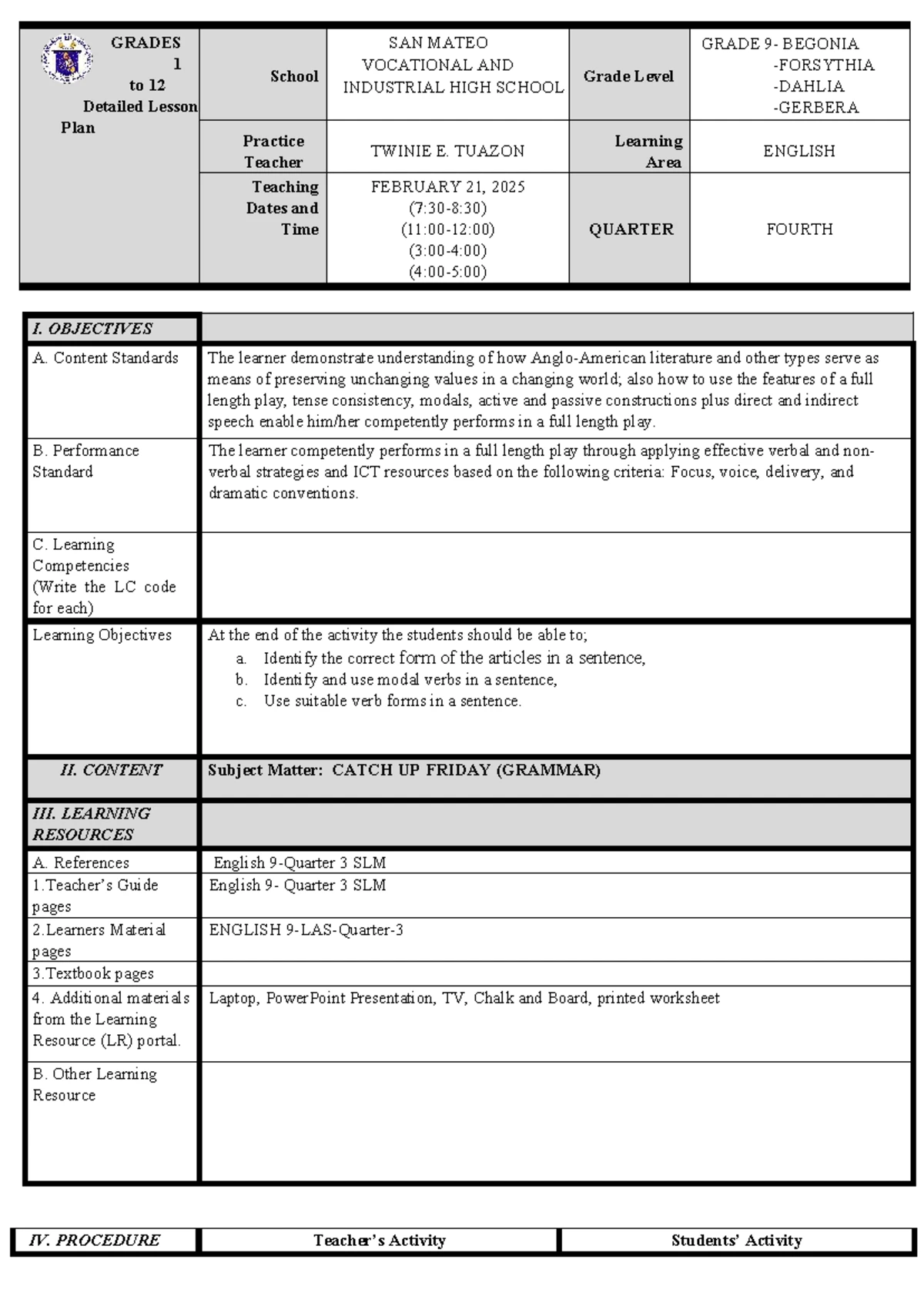 Alamat Lesson Plan for Grade 7 - Filipino (October 15, 2024) - Studocu
