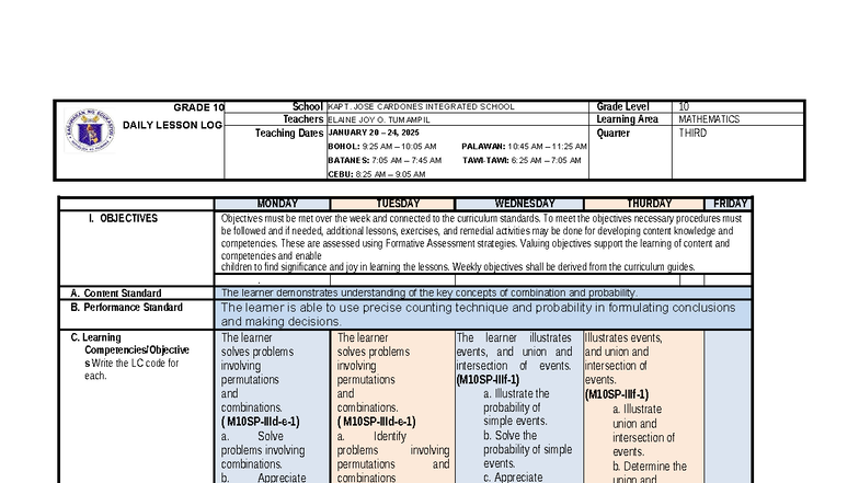 GRADE 10 MATHEMATICS DAILY LESSON LOG (DLL) WEEK 3 - Studocu
