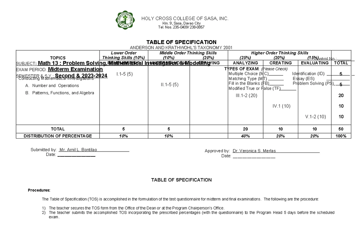 TOS Math 12 - Final Exam Specifications & Guidelines - Studocu