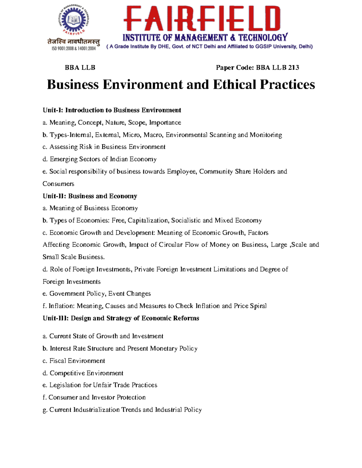 BBA LLB 213 - Business Environment & Ethical Practices Overview - Studocu