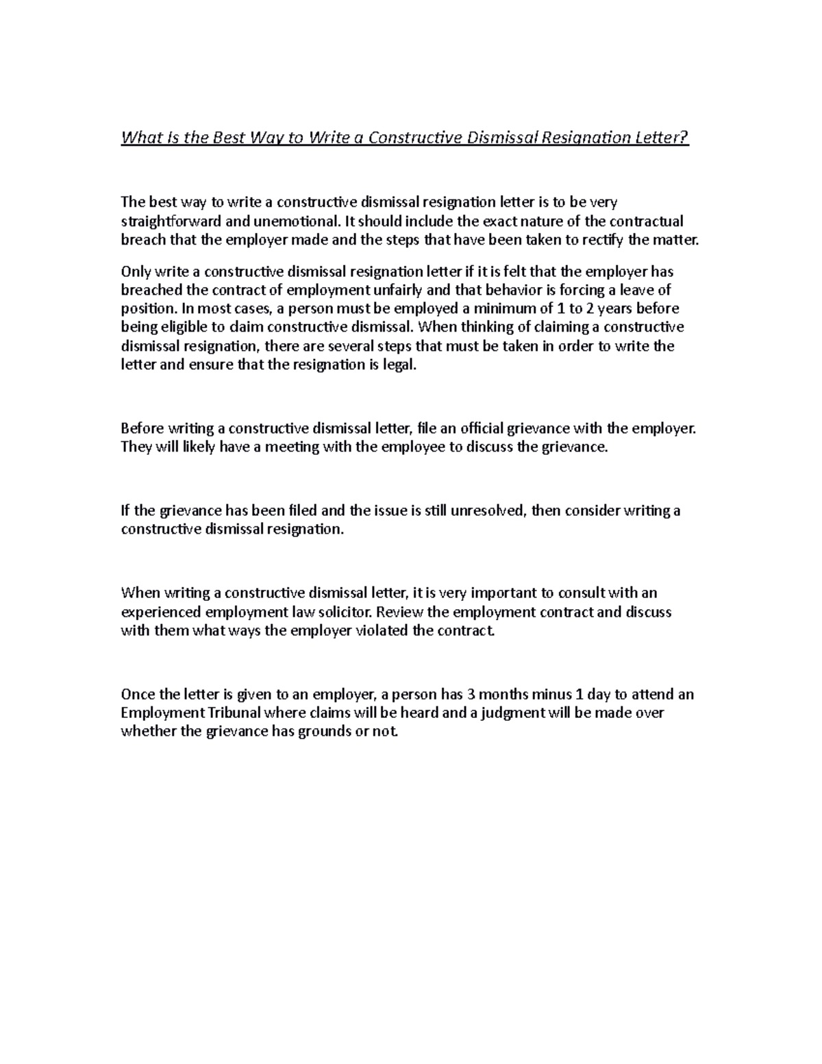 Constructive Dismissal Resignation Letter Template